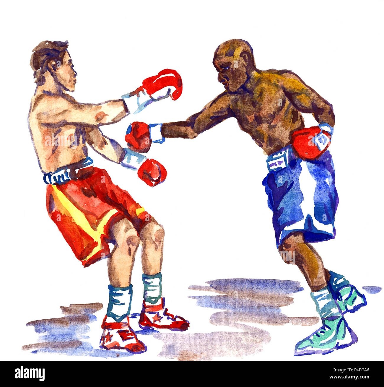 Boxing fight, athlete sends in a knockout his opponent, hand painted ...