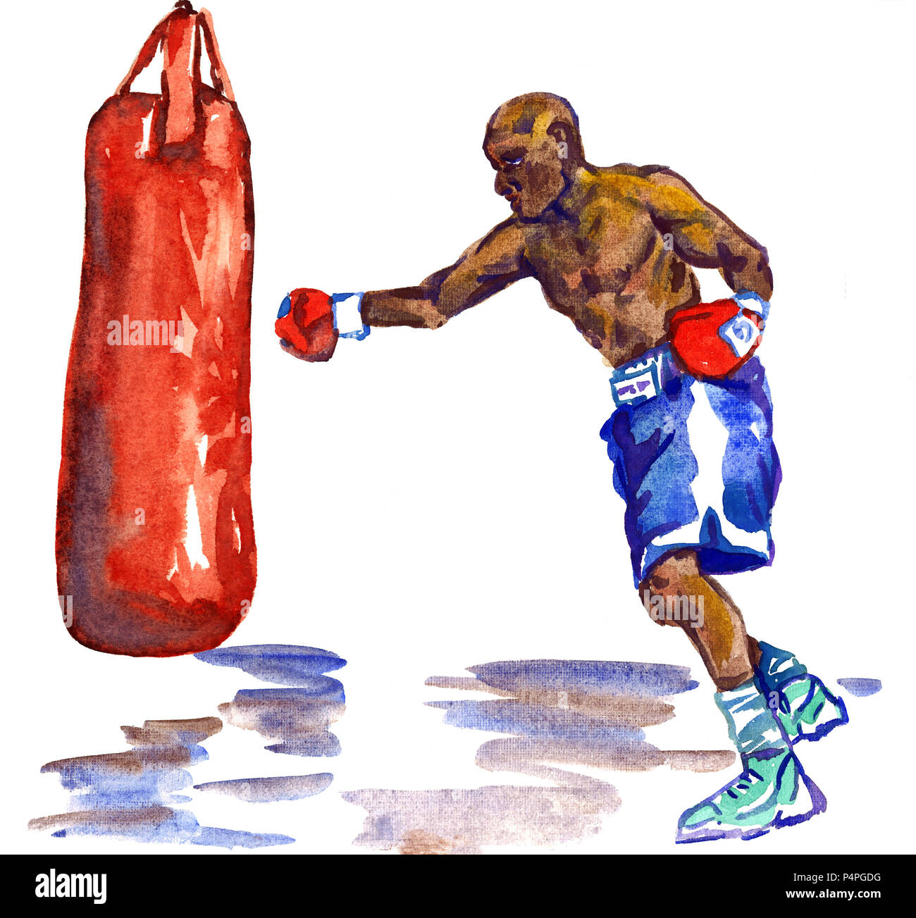 Boxer during training boxing on red punching bag, hand painted ...