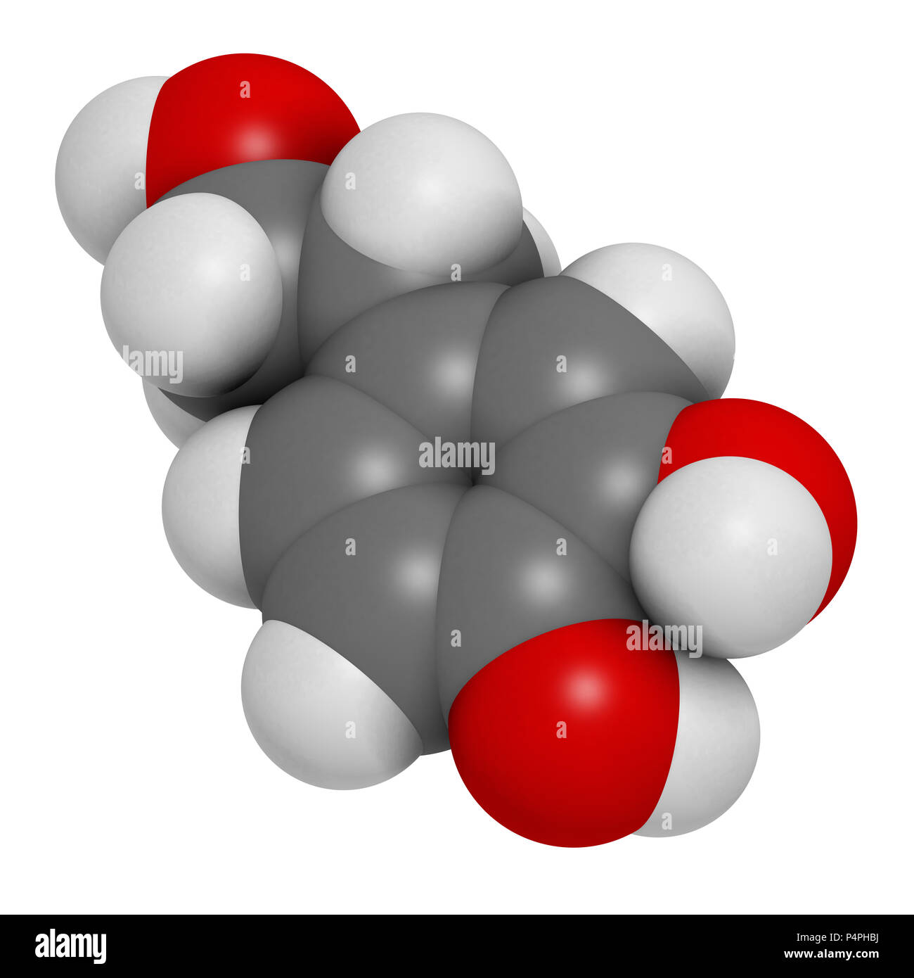 Hydroxytyrosol olive oil antioxidant molecule. 3D rendering. Atoms are ...