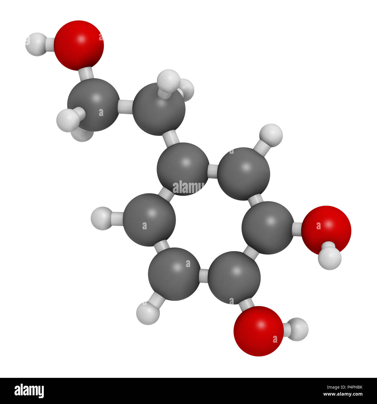 Hydroxytyrosol olive oil antioxidant molecule. 3D rendering. Atoms are ...