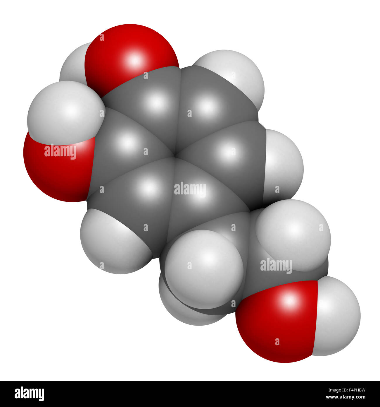 Hydroxytyrosol olive oil antioxidant molecule. 3D rendering. Atoms are ...