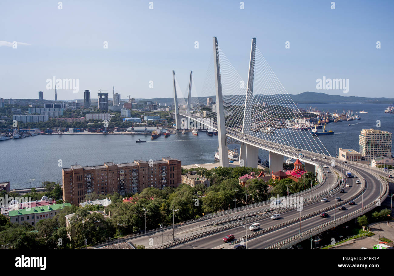 View of the Golden Bridge built across the Golden Horn Bay. Russia ...