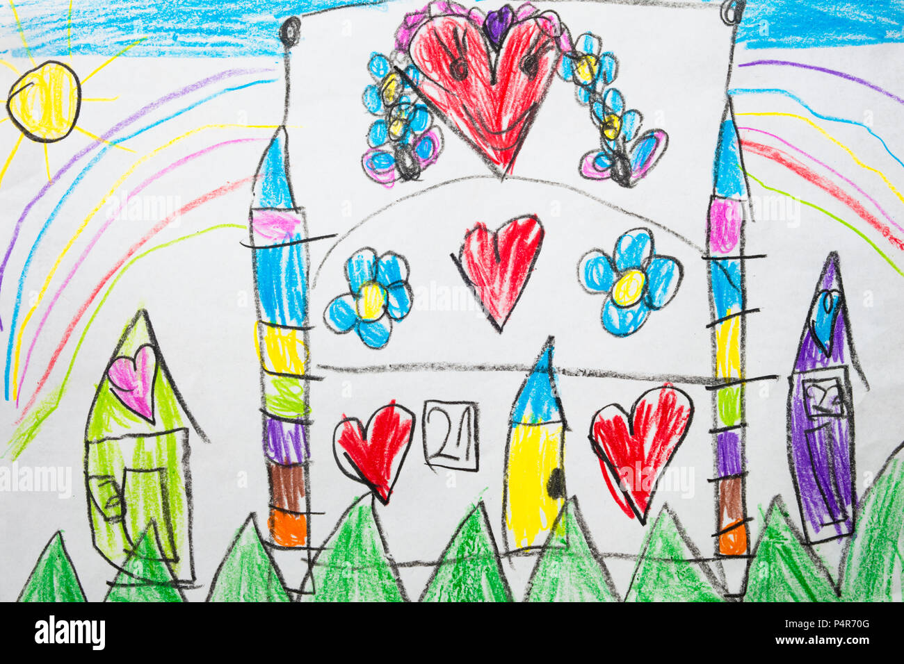 Colorful kid's drawing of a fantastic medieval castle with heartshapes ...