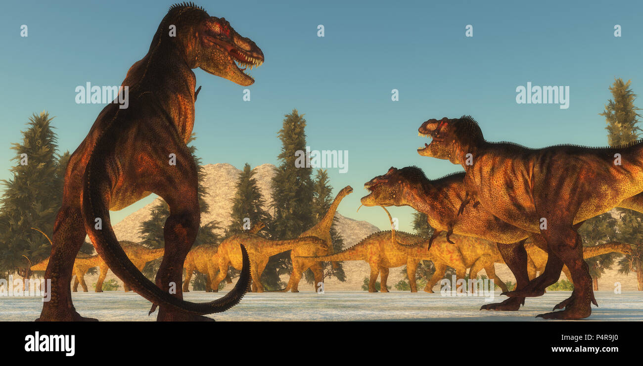 Tyrannosaurus Attack - A Tyrannosaurus rex pack plans an attack on a ...
