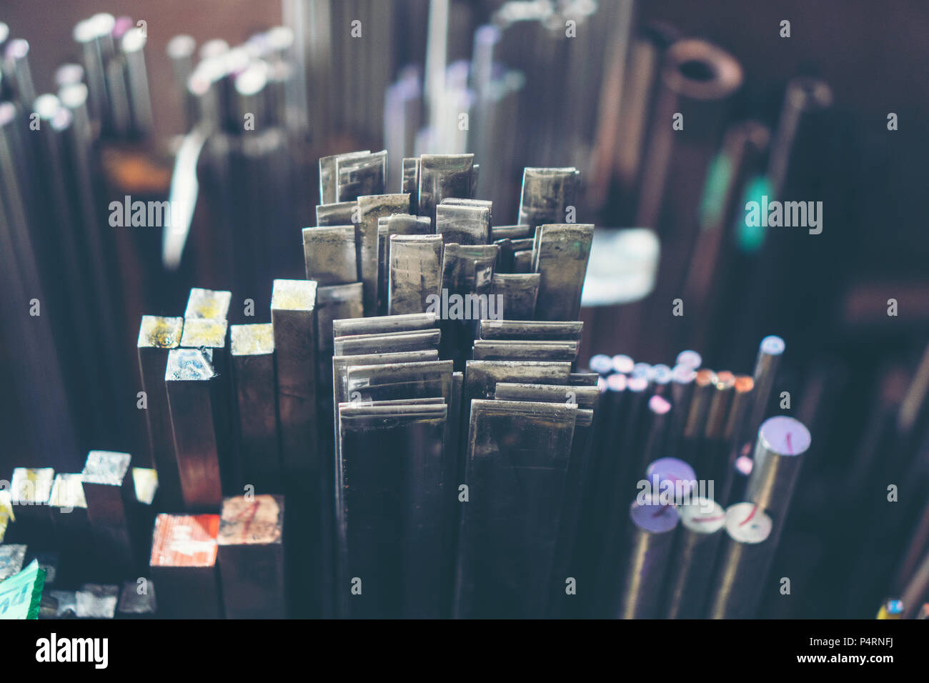 Rows of Steel Round Bar storage and stacking in the warehouse for ...