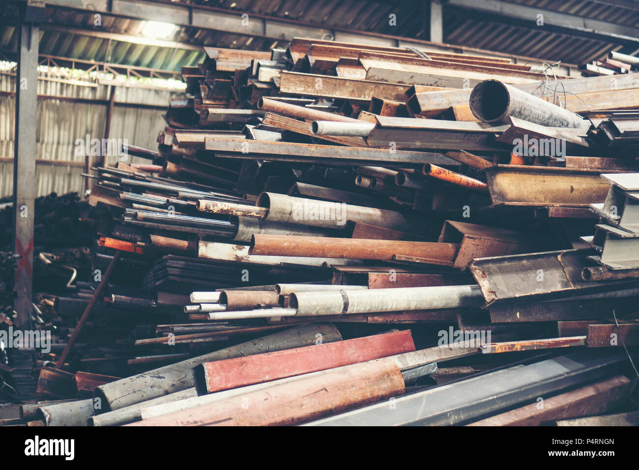 Rows of Steel Round Bar storage and stacking in the warehouse for ...