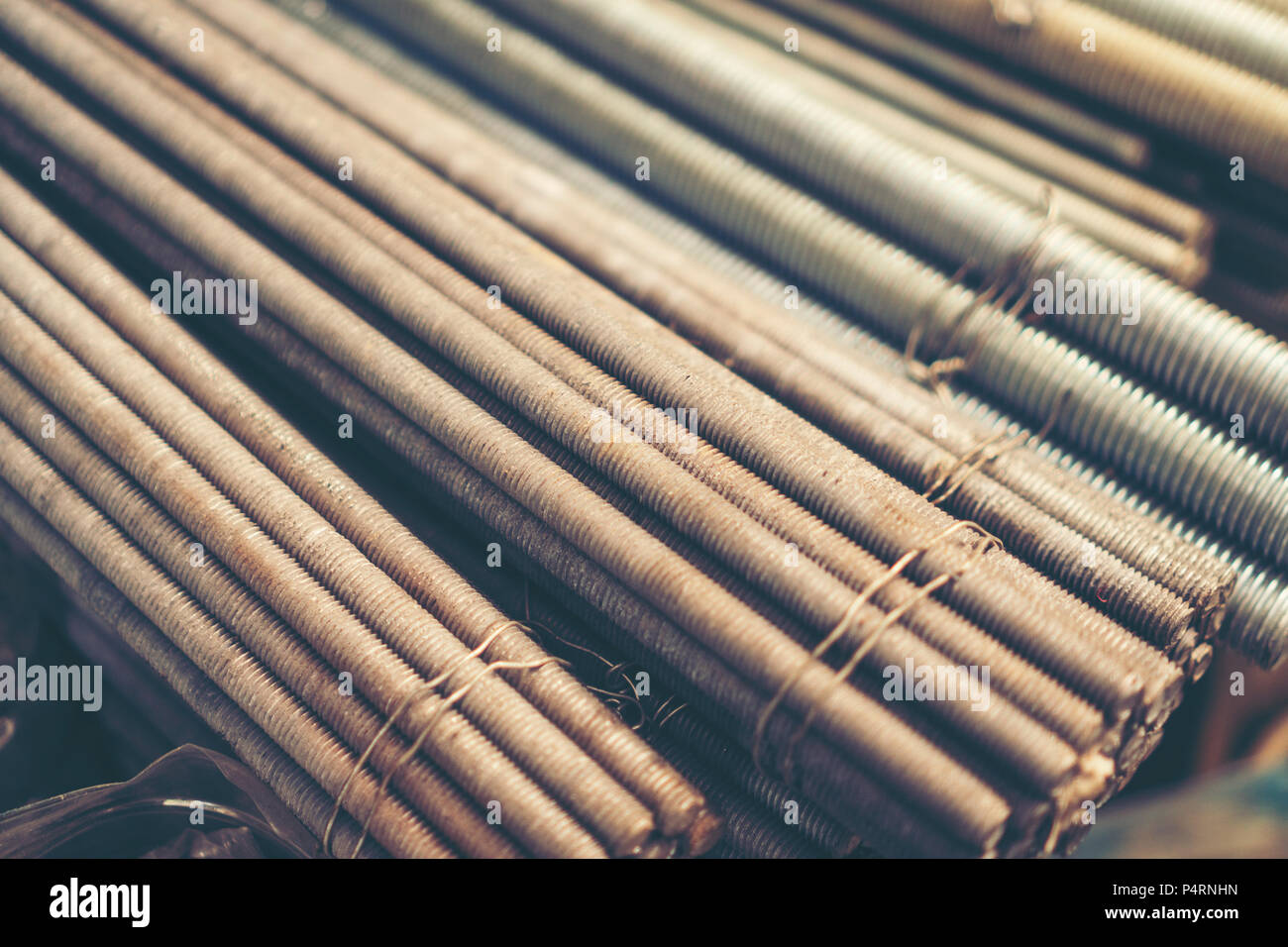 Rows of Steel Round Bar storage and stacking in the warehouse for ...