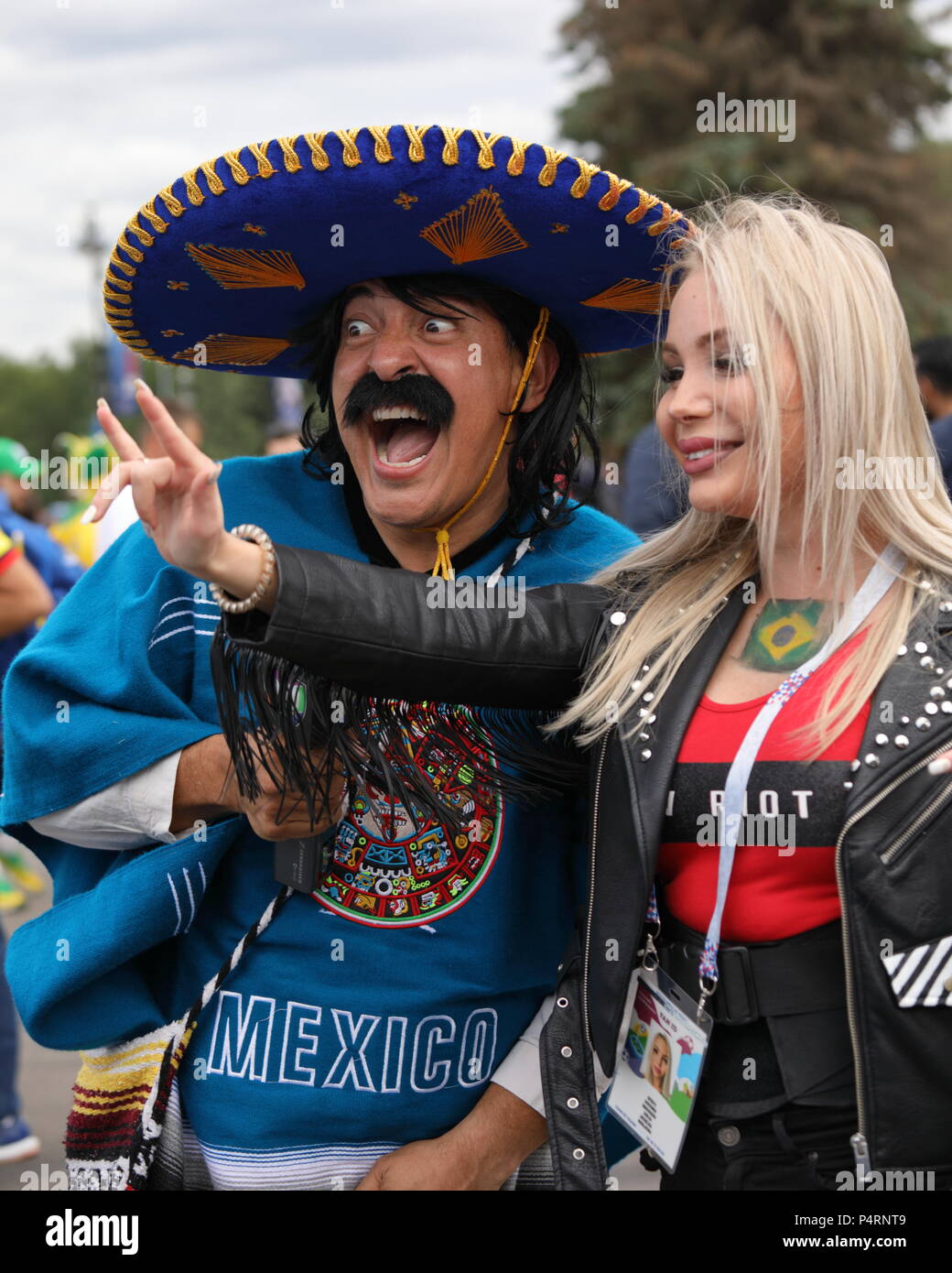 Mexican journalist in sombrero make a reportage at the Saint Petersburg ...