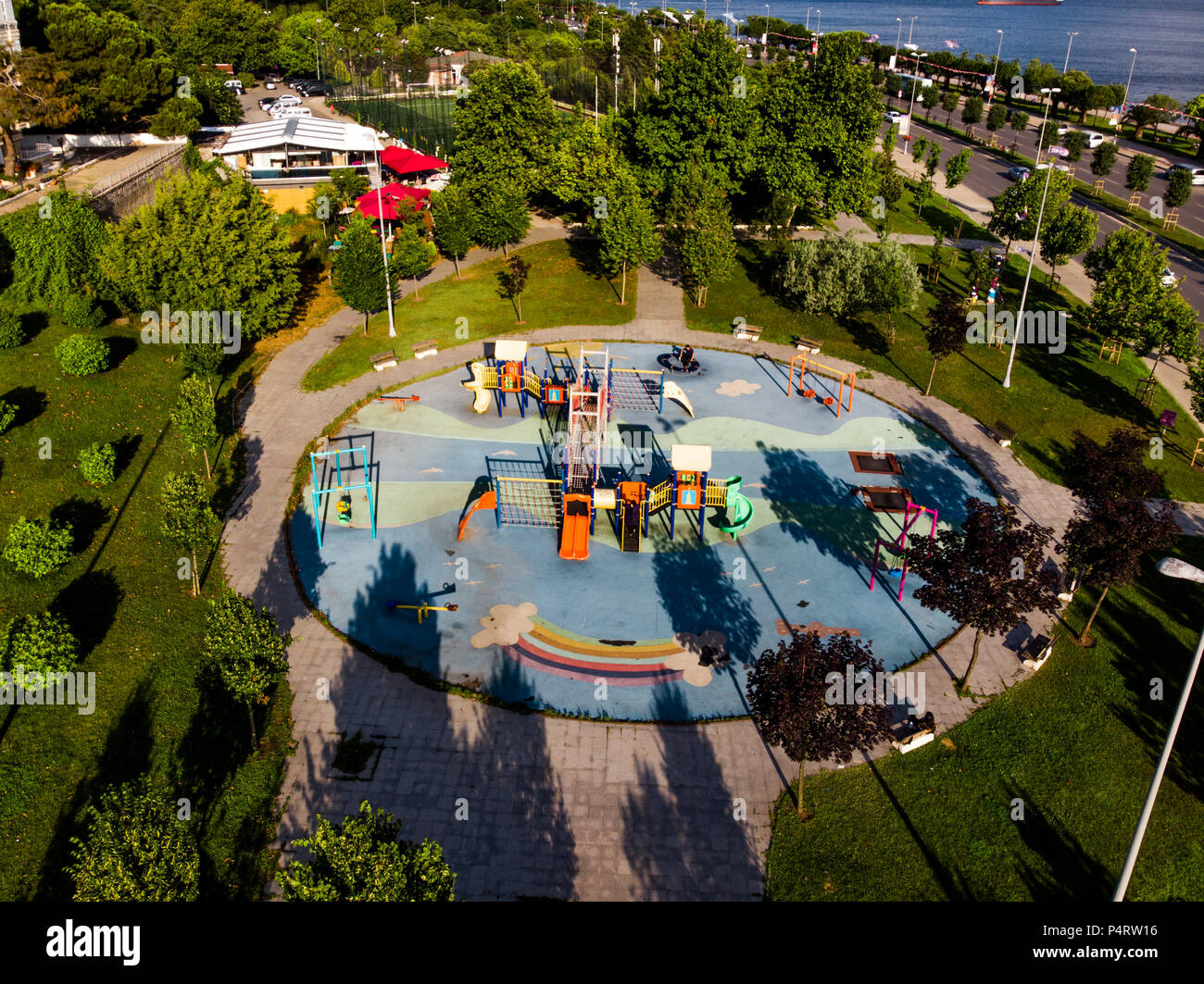 Aerial Drone View of Kids Playground in the City Garden near Seaside ...