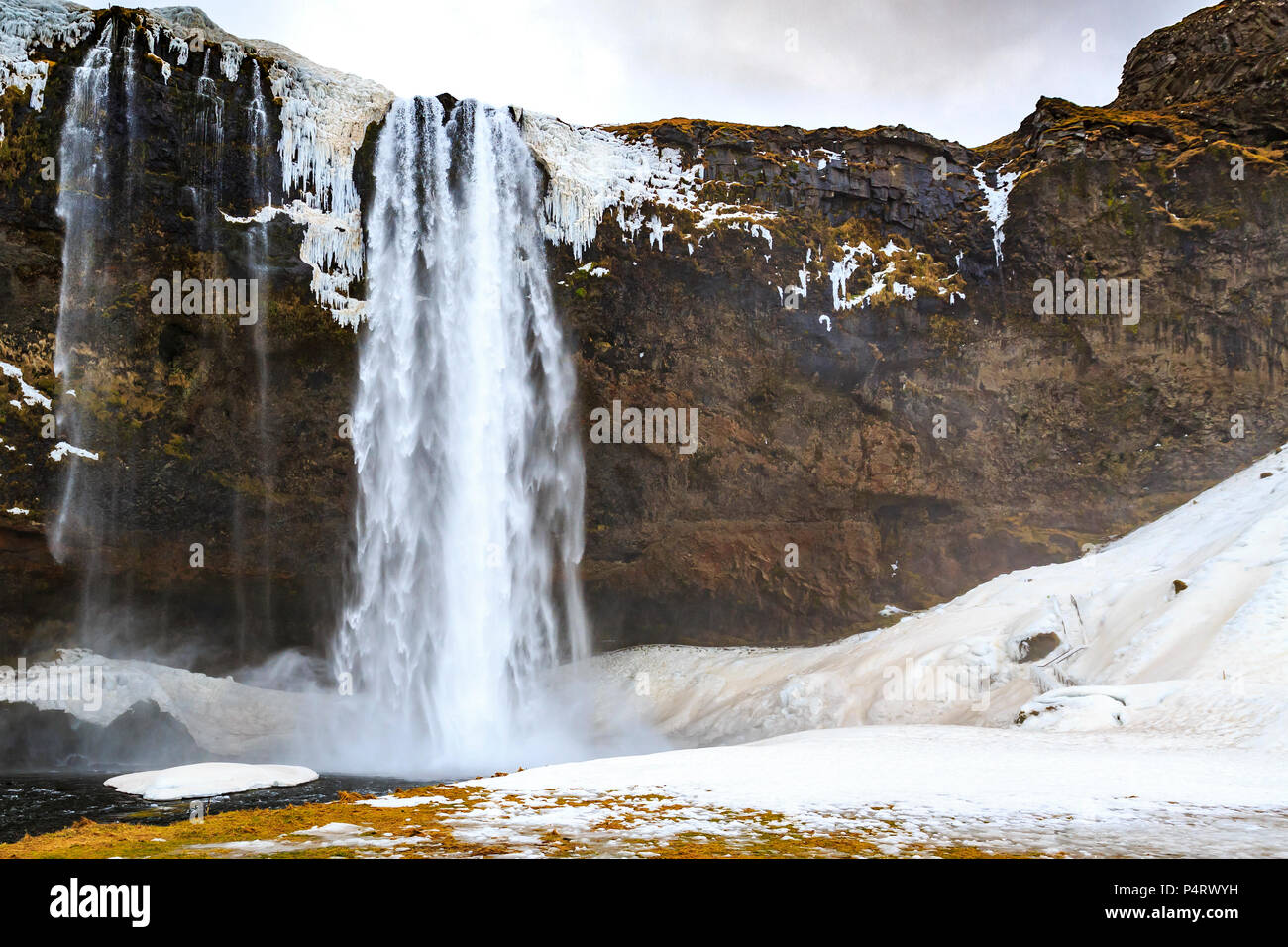 Iceland landmark the big Seljalandsfoss waterfalls in a Winter setting ...