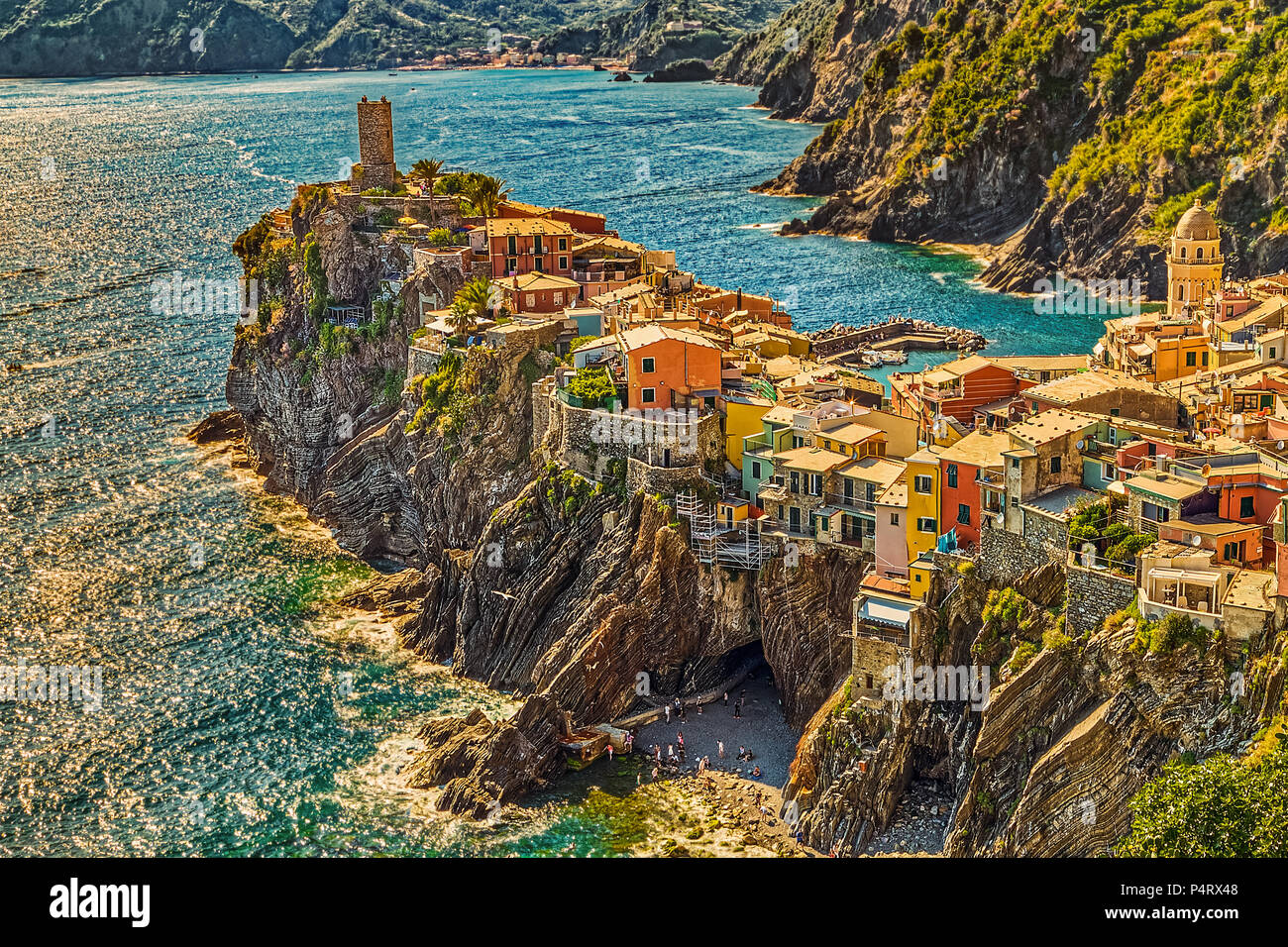 view of Italian sea town on rocky cape Stock Photo - Alamy