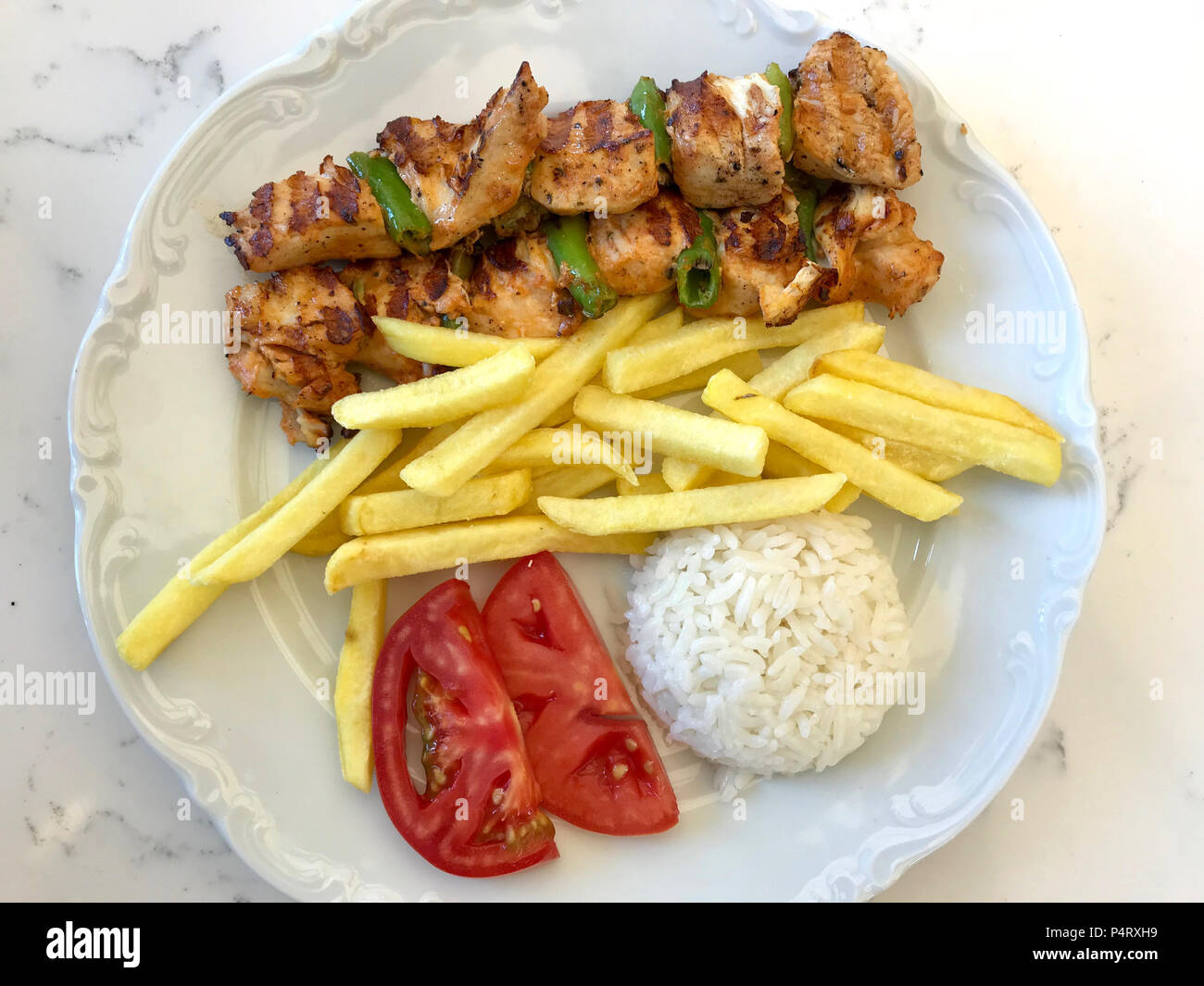 Turkish Chicken Shish Kebab with Rice (Pilav or Pilaf) Potatoes and ...