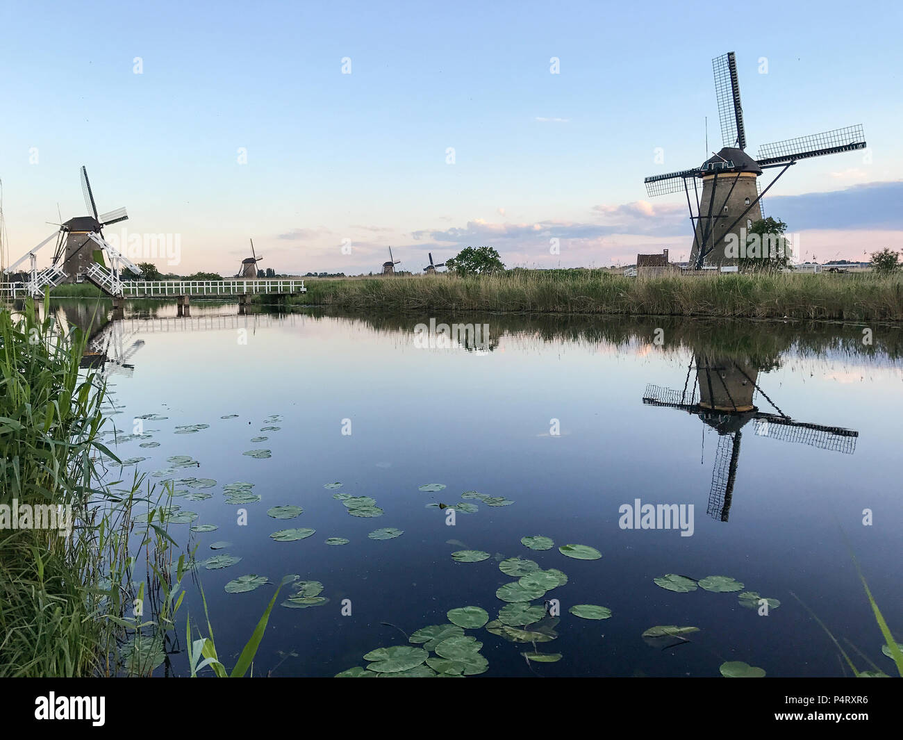 Beautiful dutch windmill landscape at the famous Kinderdijk canals, UNESCO world heritage site ...