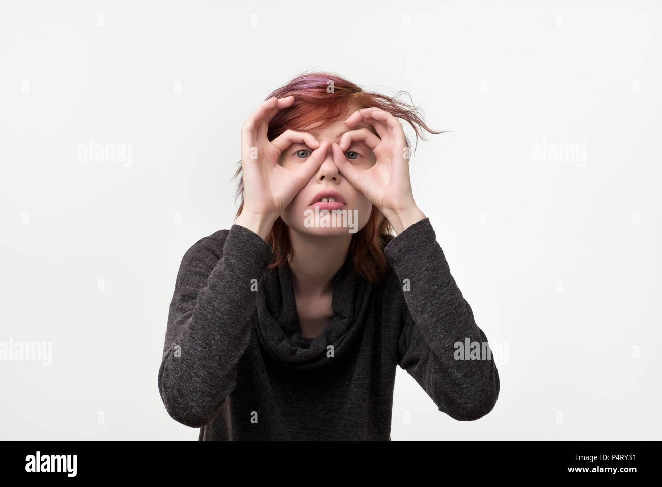 Portrait of unusual informal pretty woman with colorful hairstyle ...