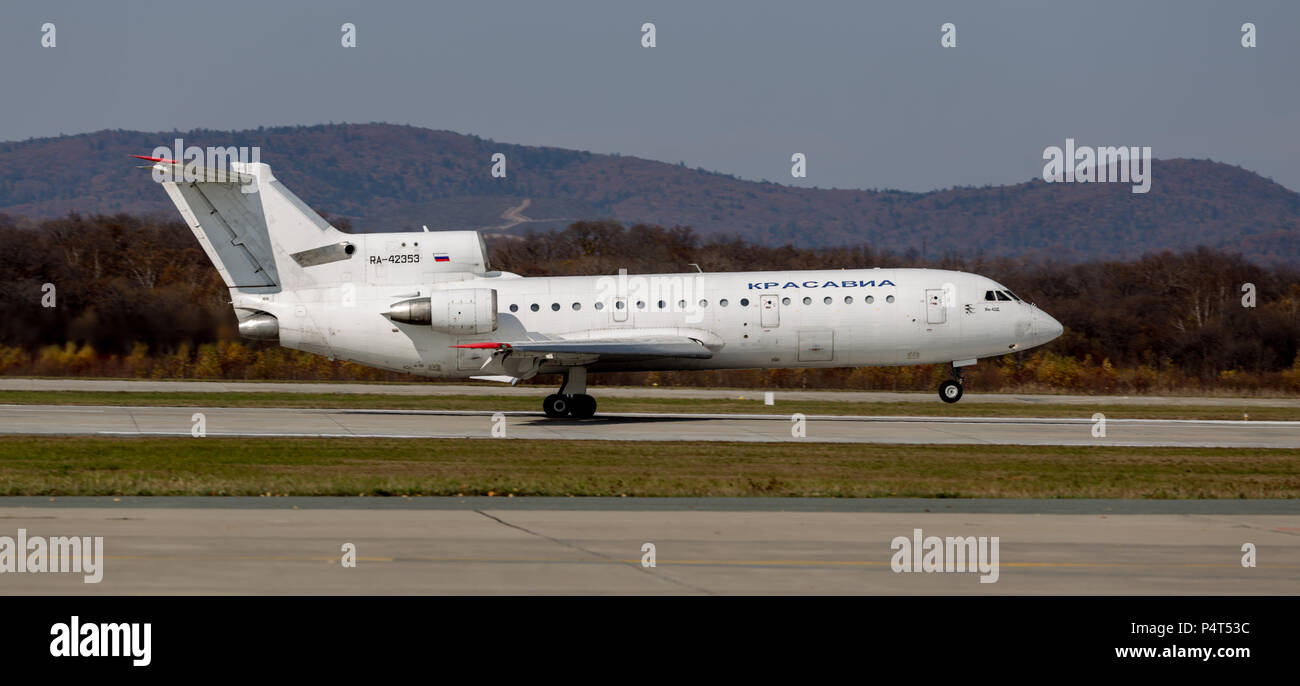 Russia, Vladivostok, 10/13/2017. Passenger jet aircraft Yakovlev Yak-42 ...
