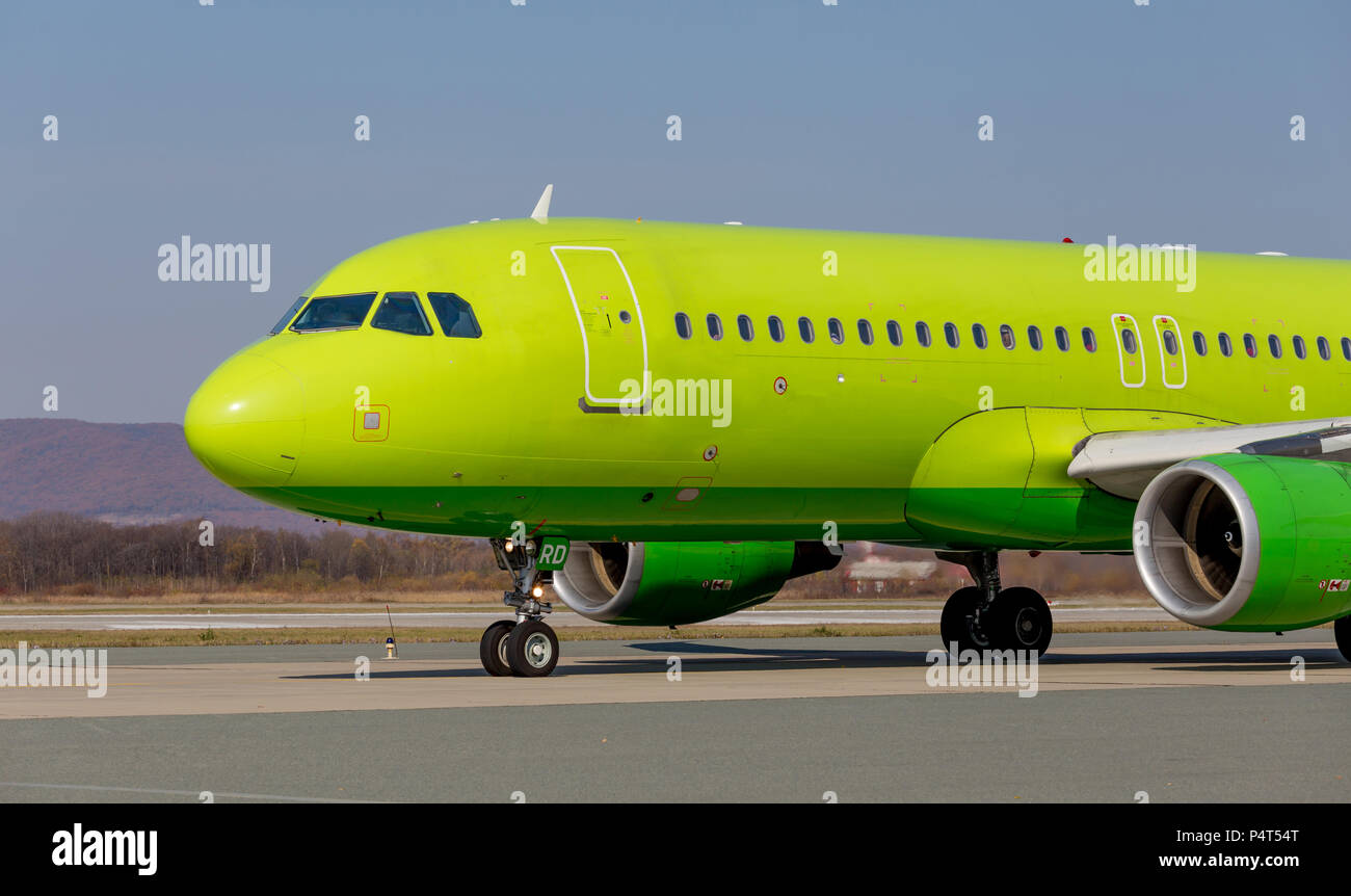 Commercial jet aircraft on runway. Airplane's fuselage. Aviation and ...