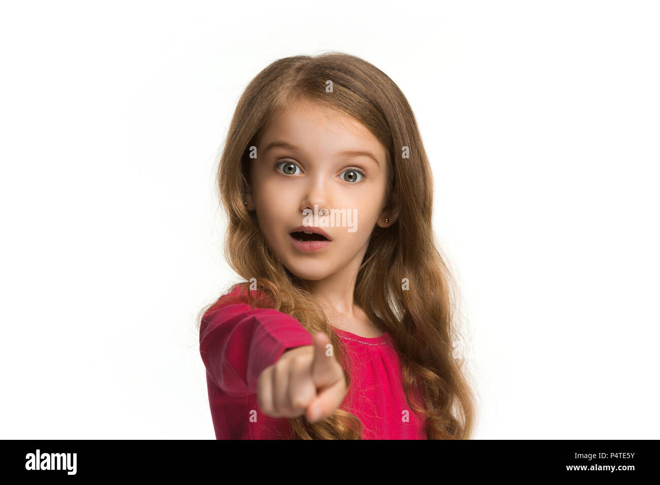 The teen girl pointing to you, half length closeup portrait on white ...
