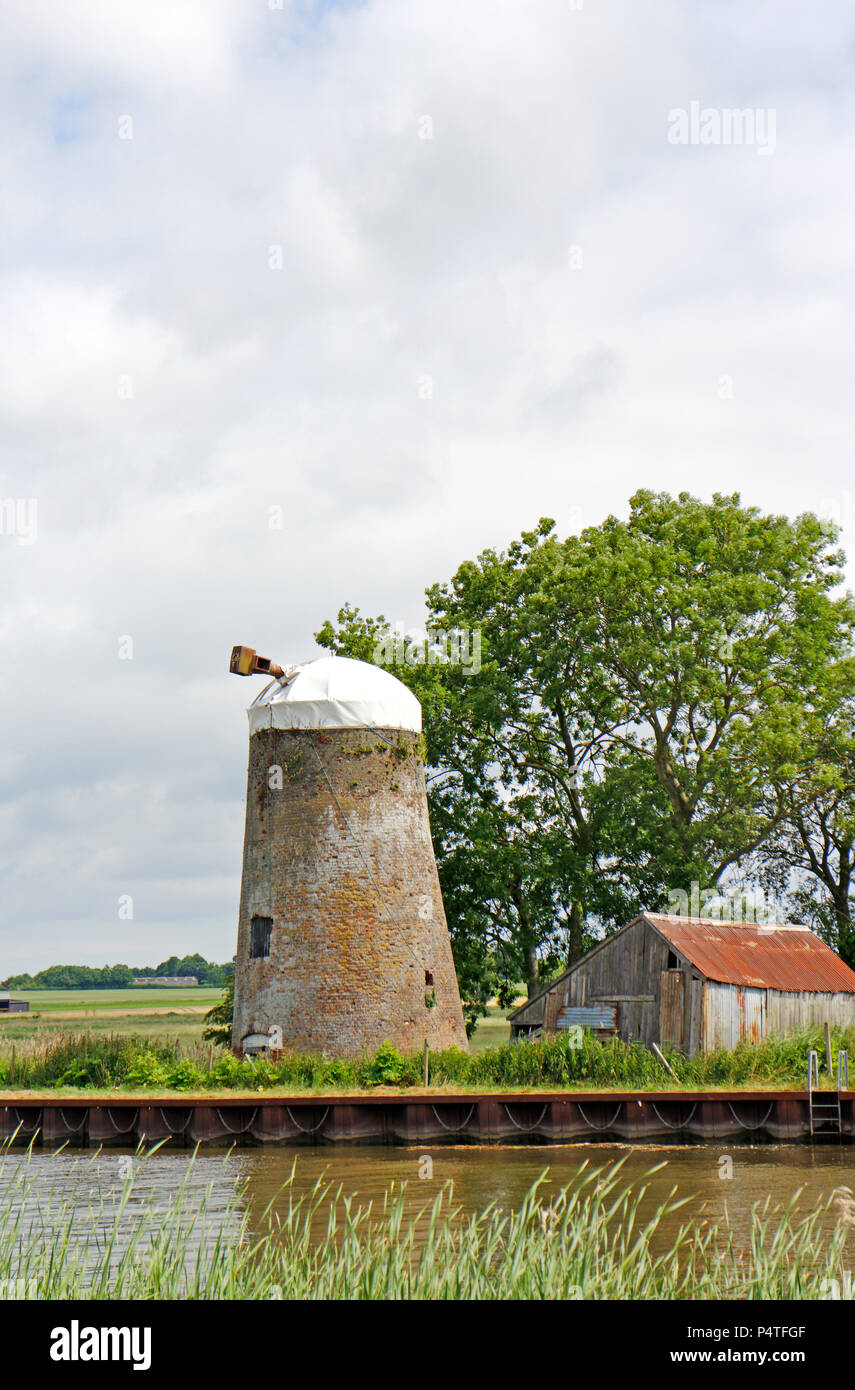 The disused Oby Drainage Mill by the River Bure on the Norfolk Broads ...