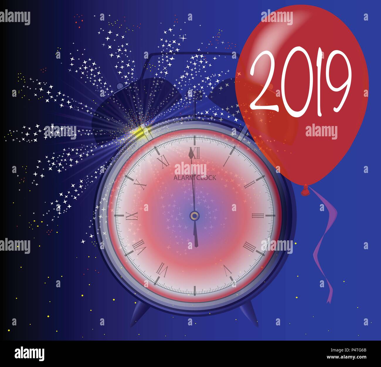 A 2019 midnight clock with balloon and firework explosion Stock Vector ...