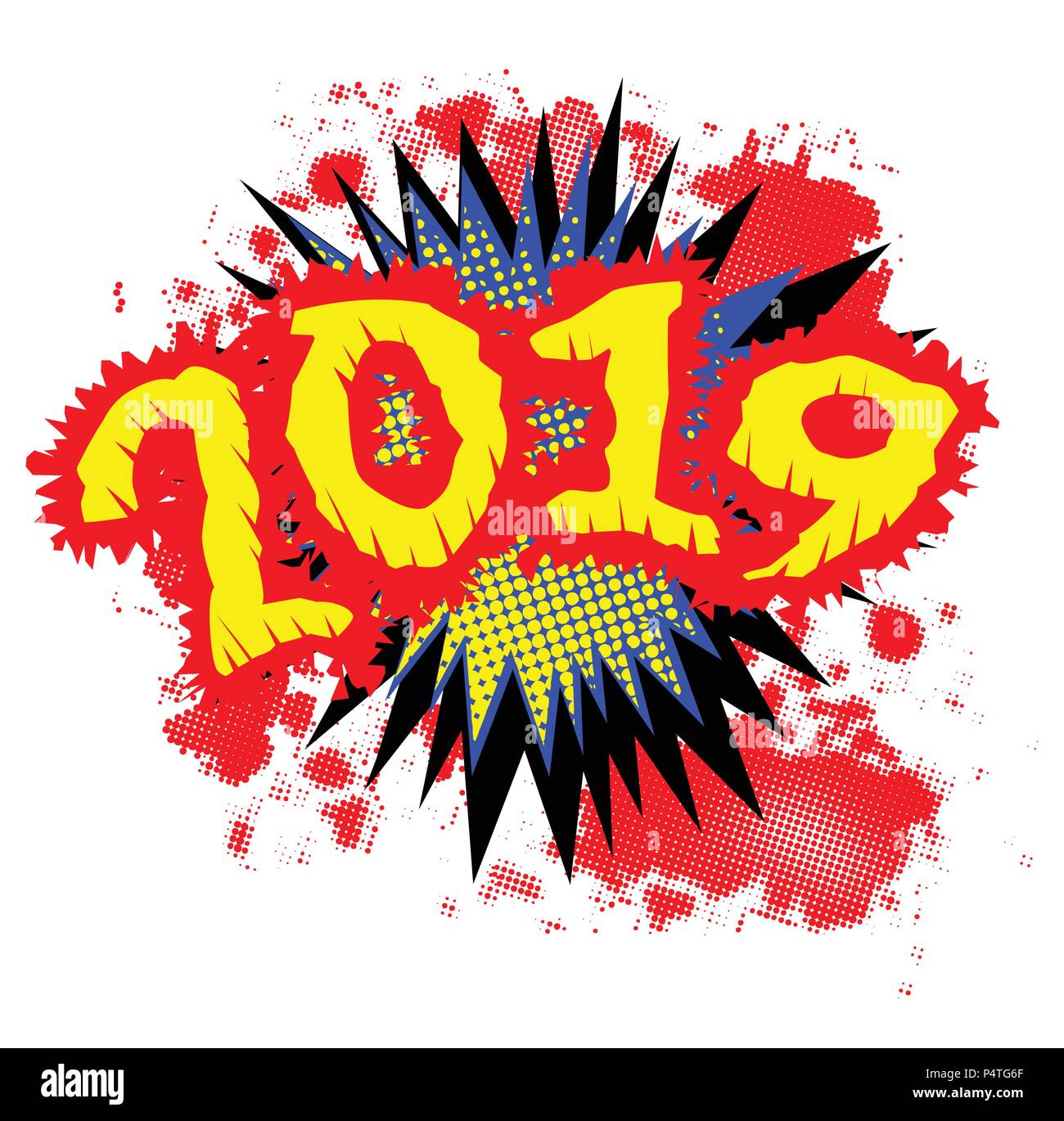 A comic cartoon style 2019 new years exclamation explosion over a white ...