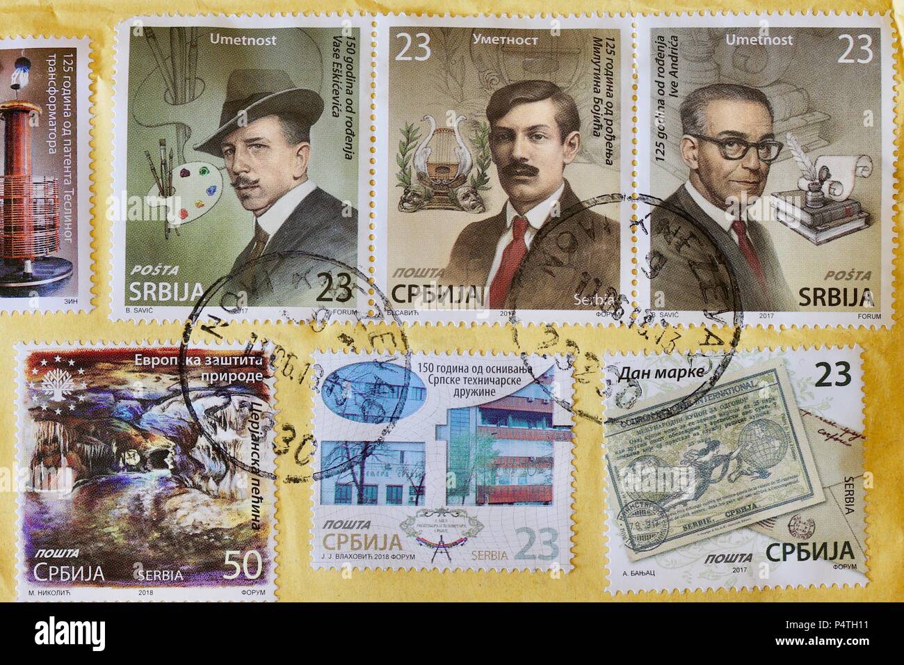 Serbian postage stamps on an envelope. Postmarked June 2018 Stock Photo ...