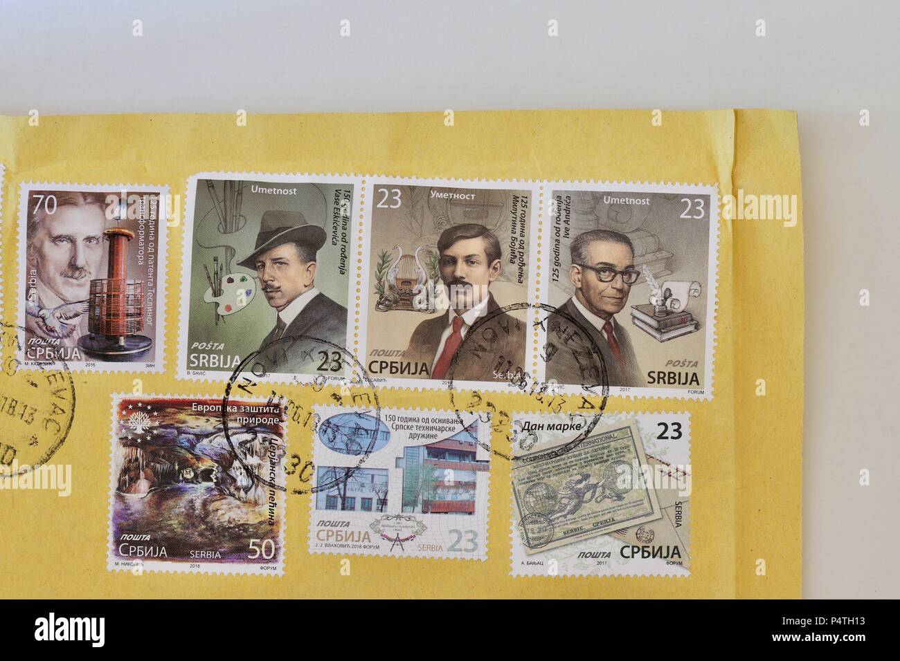 Serbian postage stamps on an envelope. Postmarked June 2018 Stock Photo ...