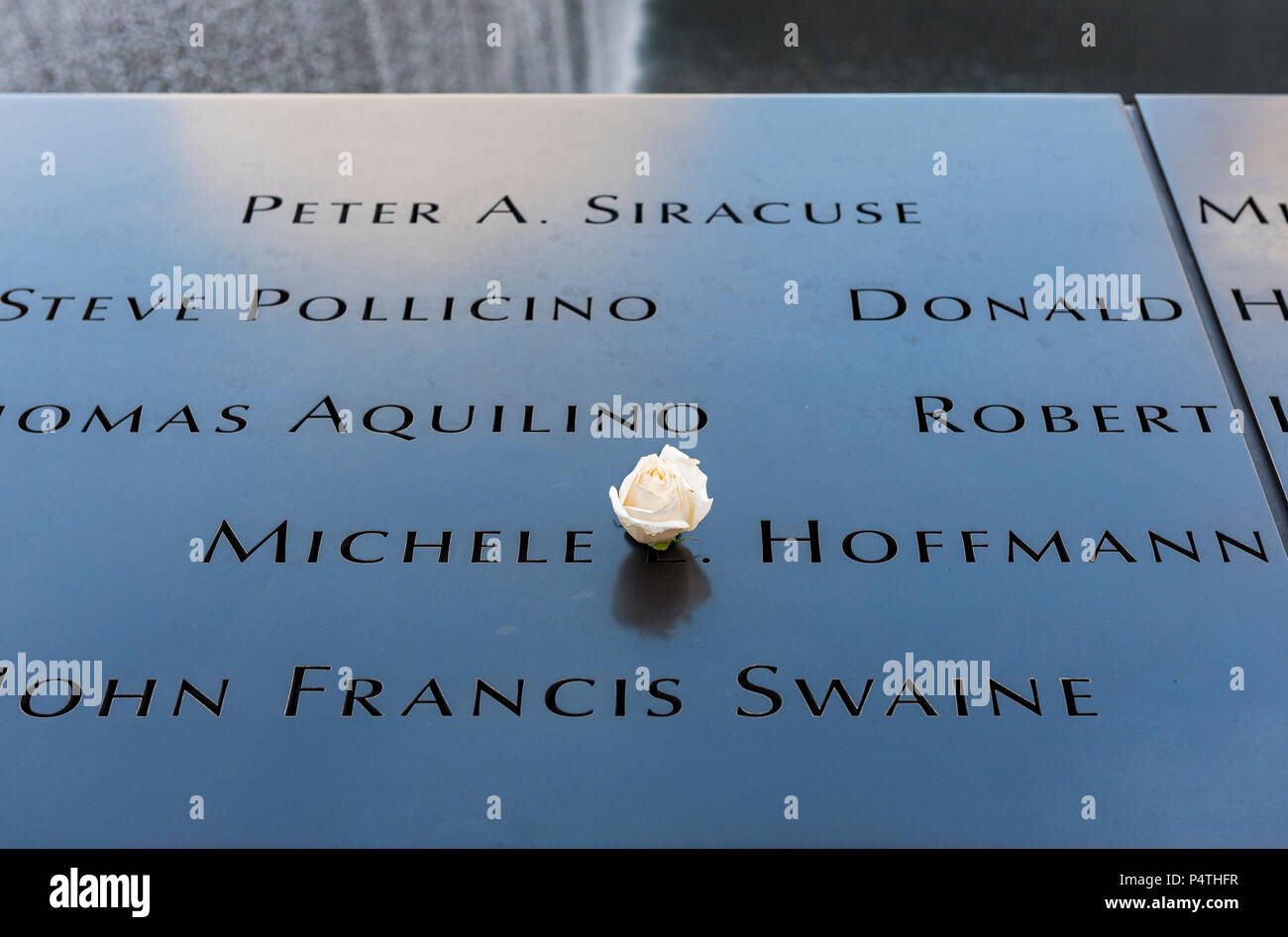 Names of 9/11 victims on pool parapet with white rose, National ...