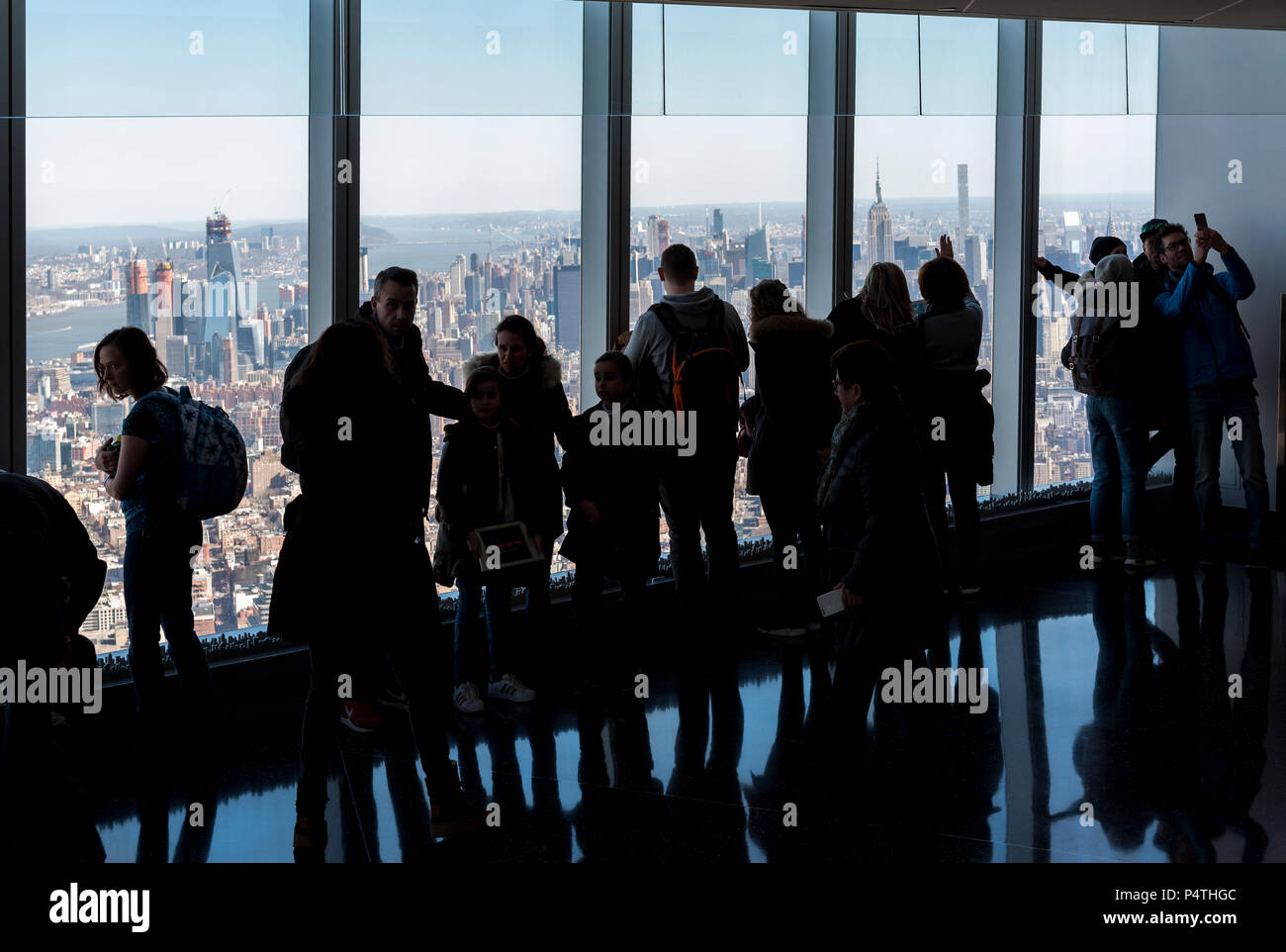 Visitors at One World Trade Center observation deck, New York City, USA ...