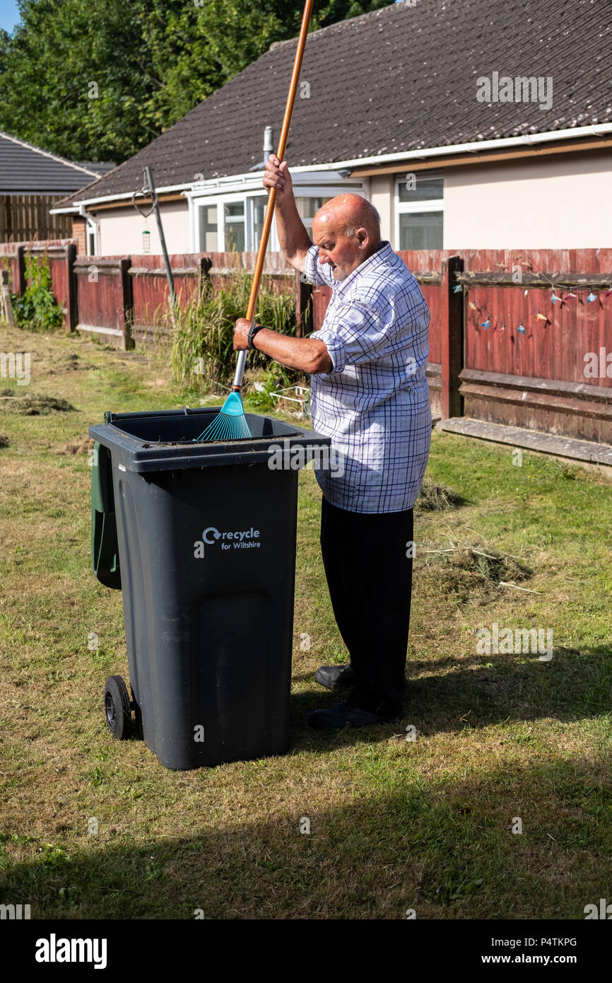Old man raking up cut grass after the lawn has been mowed Stock Photo ...