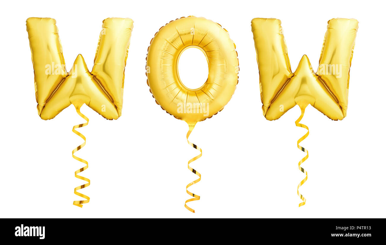 WOW sign made of golden inflatable balloons with golden ribbons ...