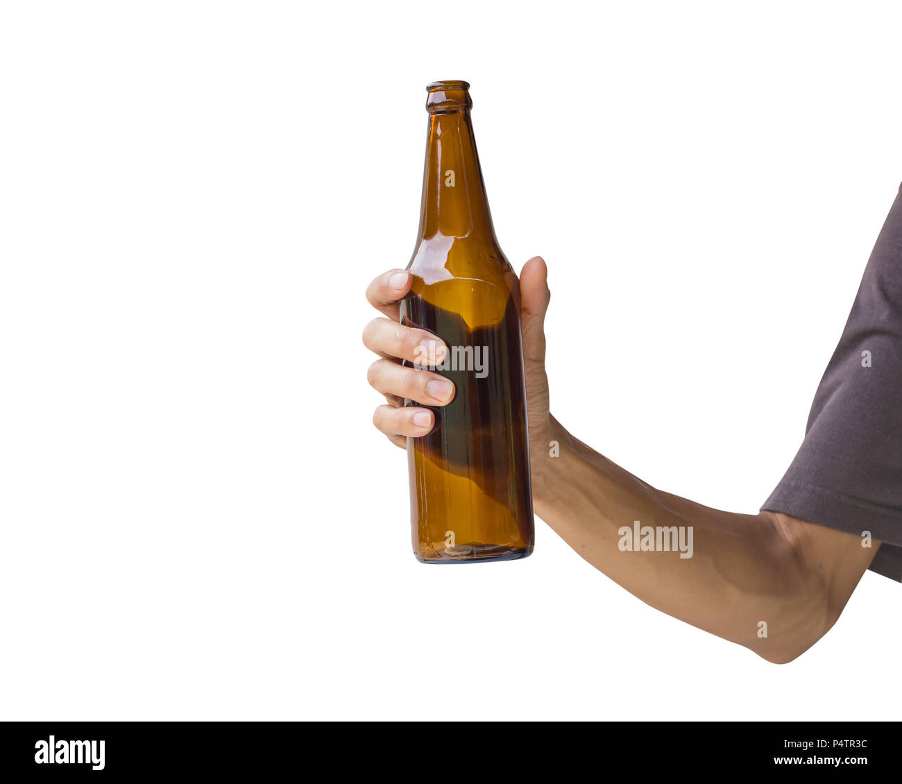 Hand holding beer bottle isolated on white background. Clipping path of ...
