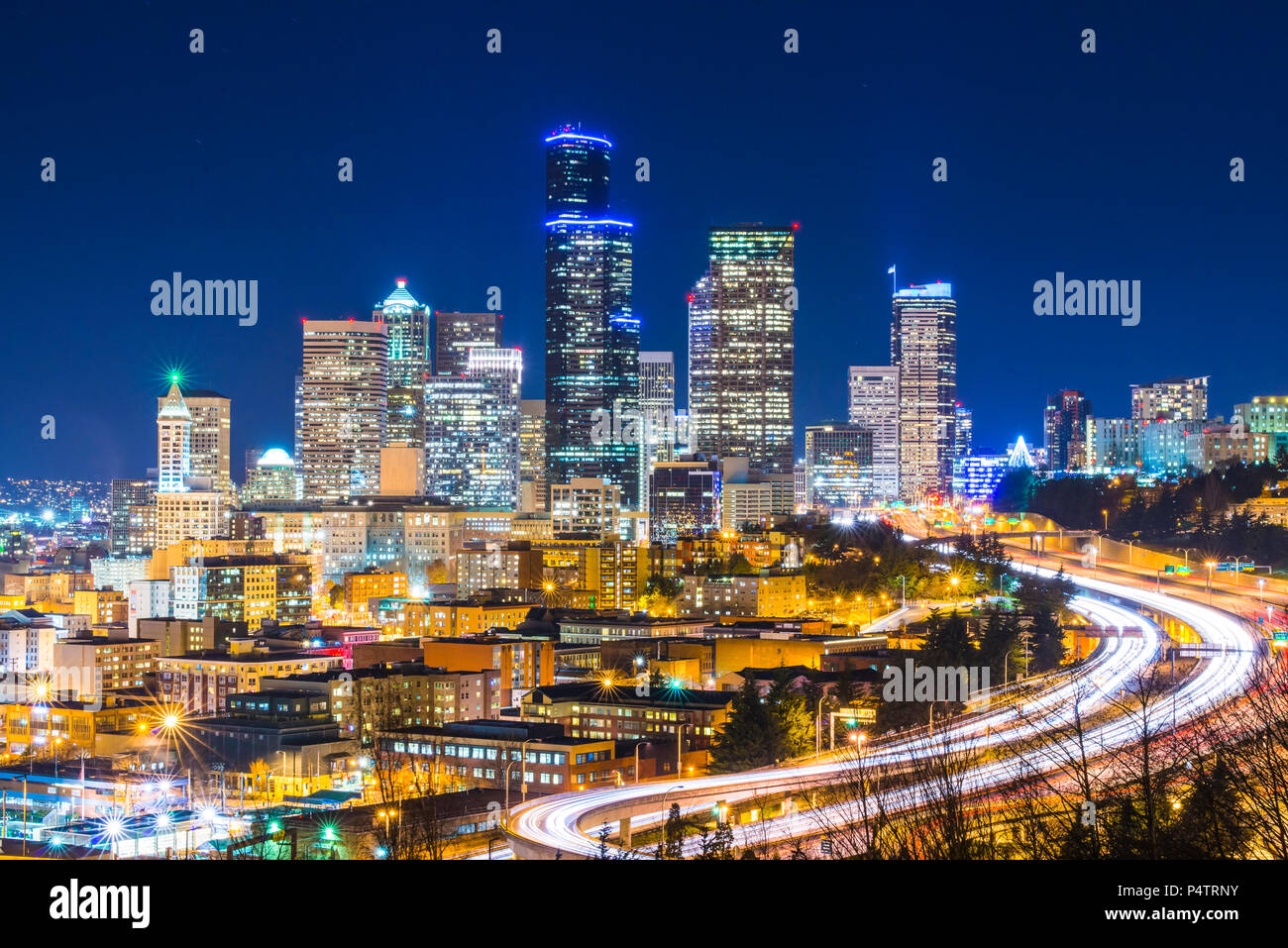 Seattle cityscape at night with traffic light on freeway,Washington,usa ...