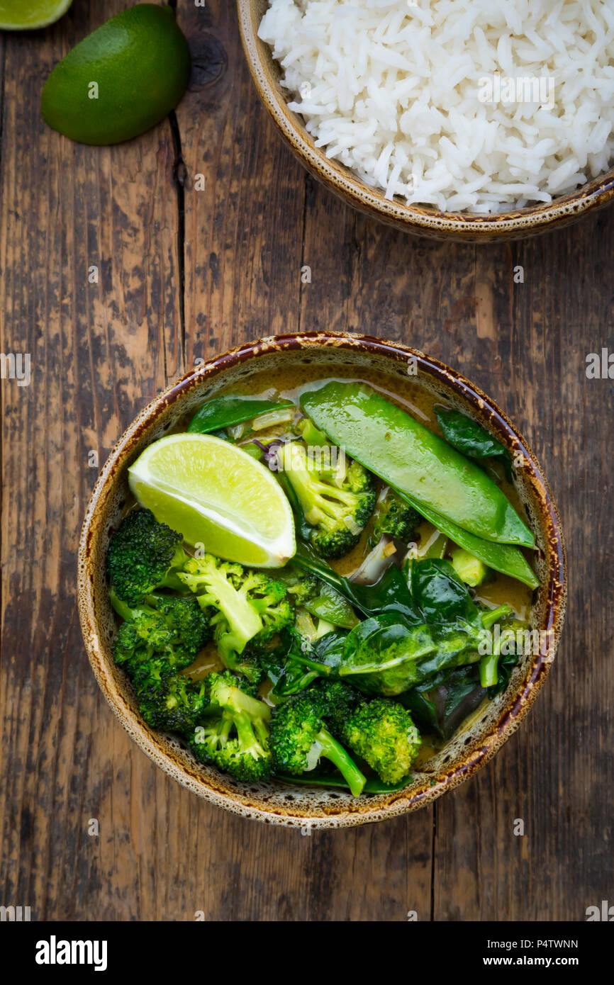 Green thai curry with broccoli, pak choi, snow peas, baby spinach, lime ...