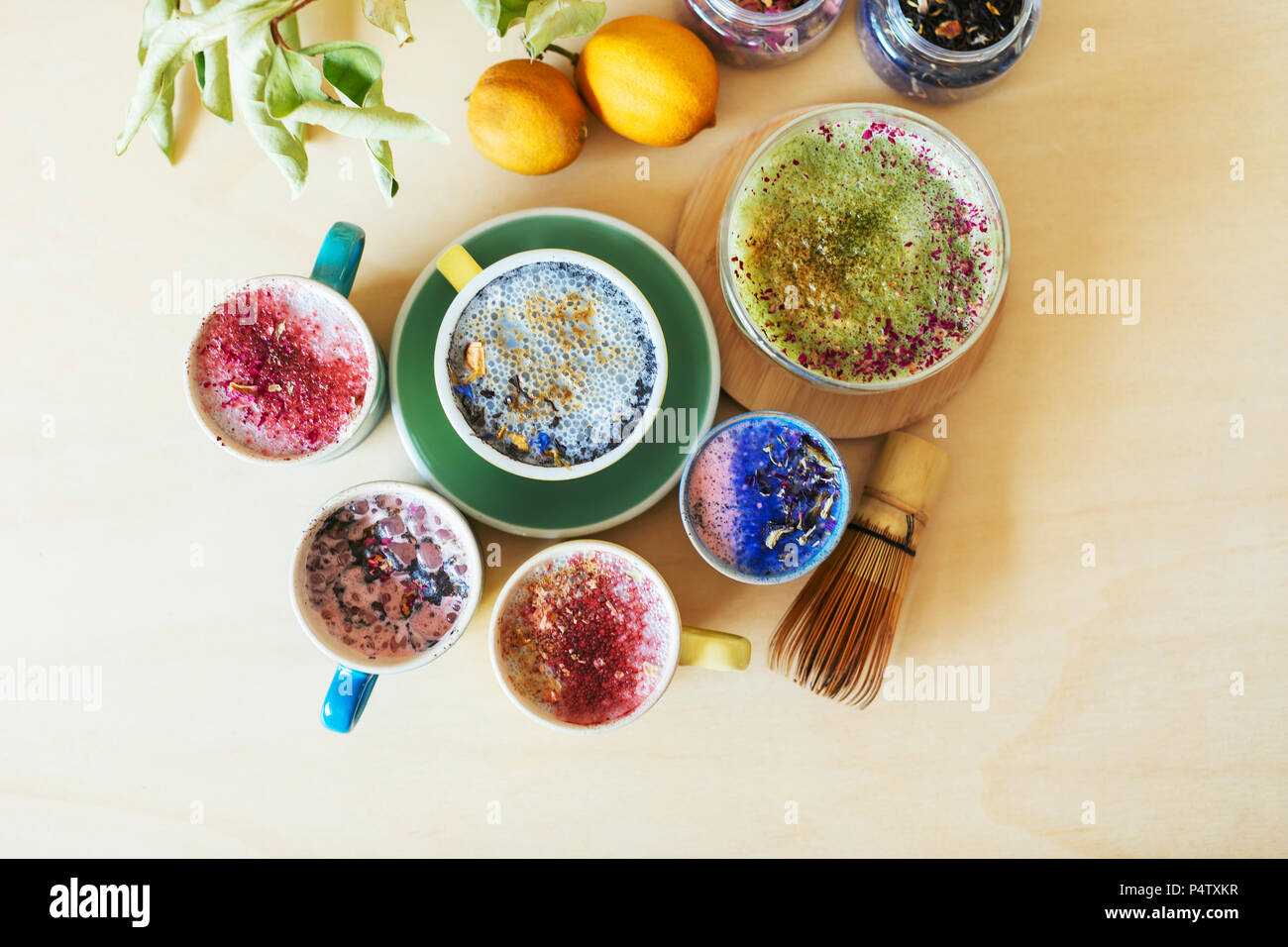 Overhead view of various colorful drinks Stock Photo - Alamy