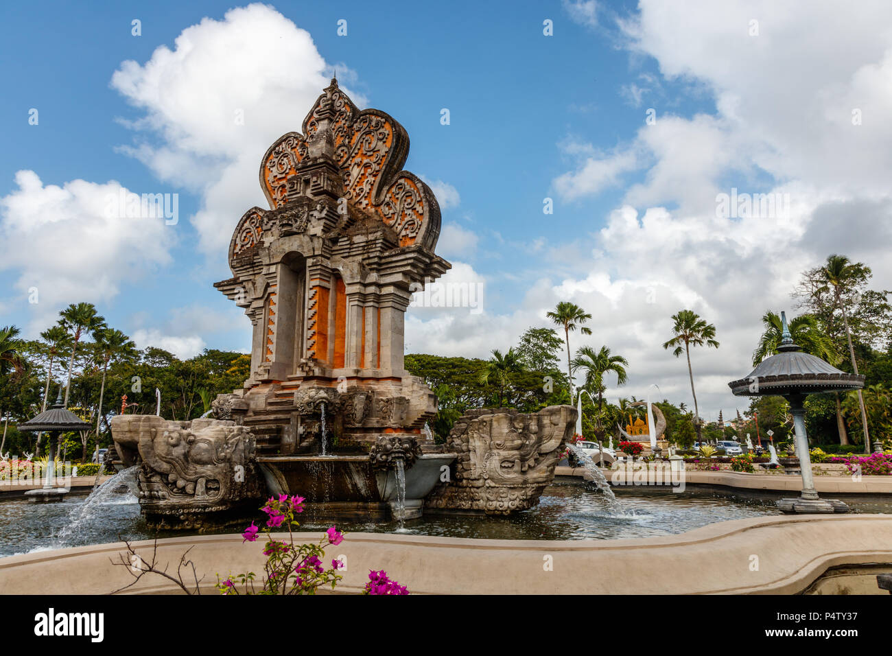 Nusa Dua area with buildings and fountains in traditional Balinese ...