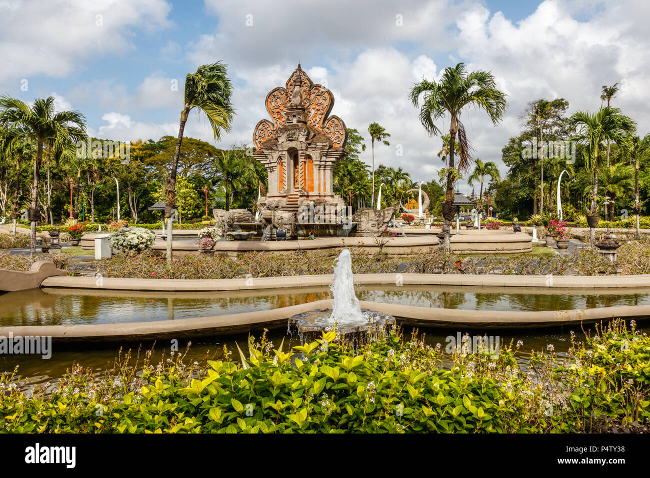 Nusa Dua area with buildings and fountains in traditional Balinese ...