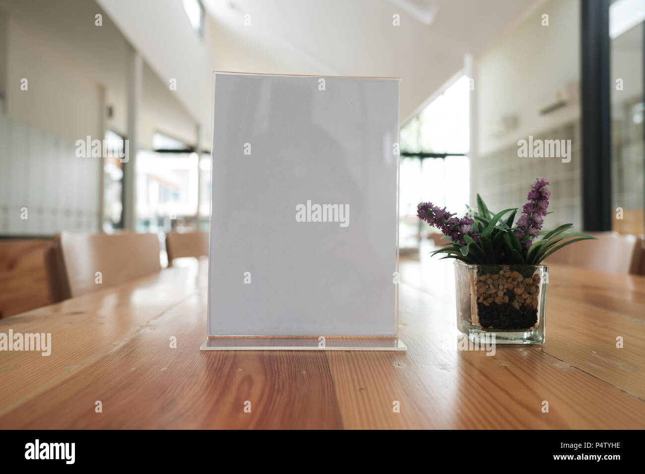 white label in cafe. display stand for acrylic tent card in coffee shop ...