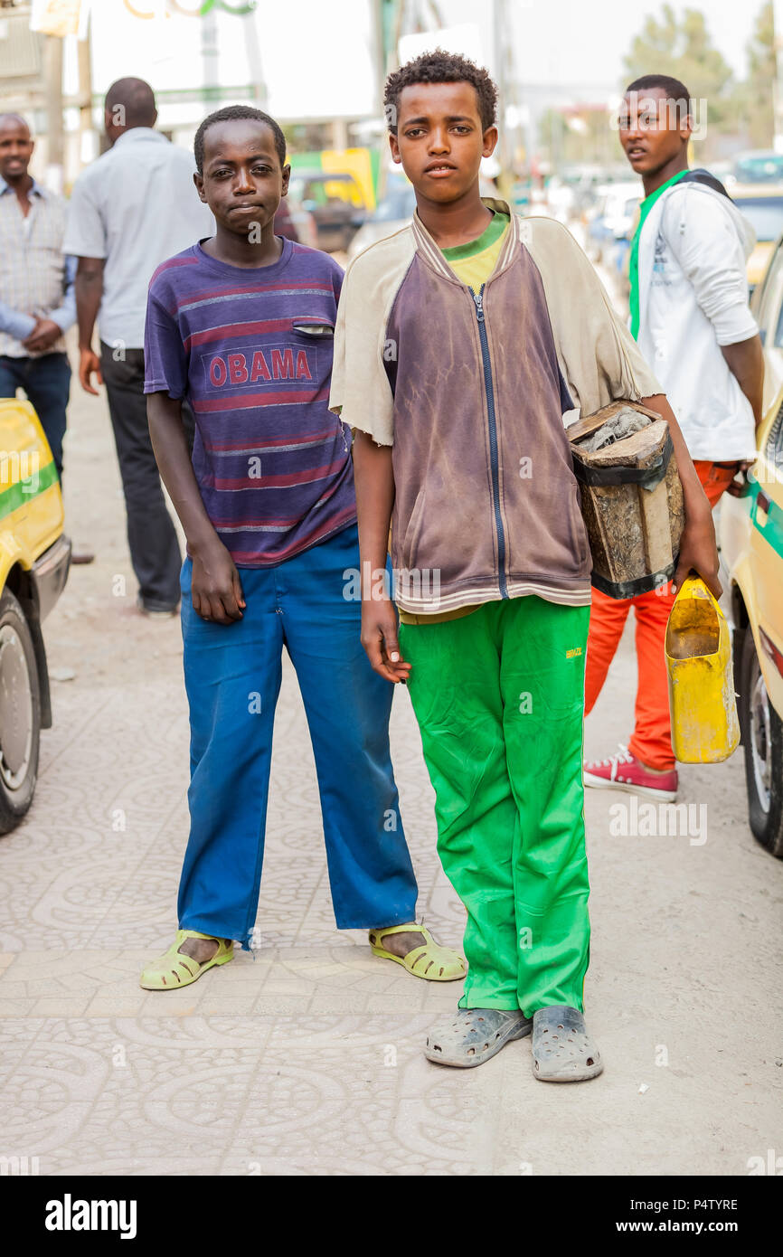 Addis Ababa, Ethiopia, January 27, 2014, Children working as shoe shine ...