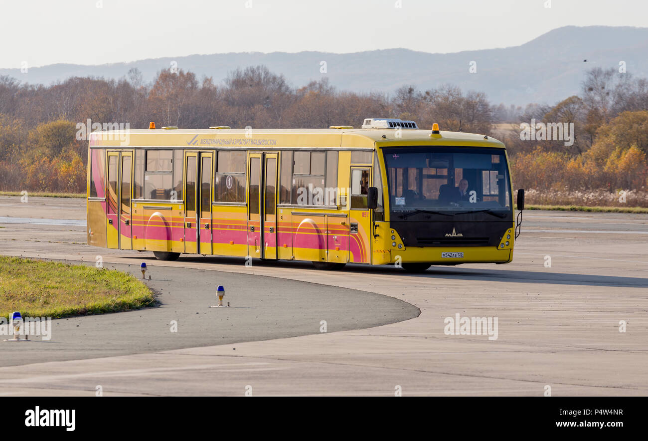 Russia, Vladivostok, 10/13/2017. Passenger bus in airport. Used to ...