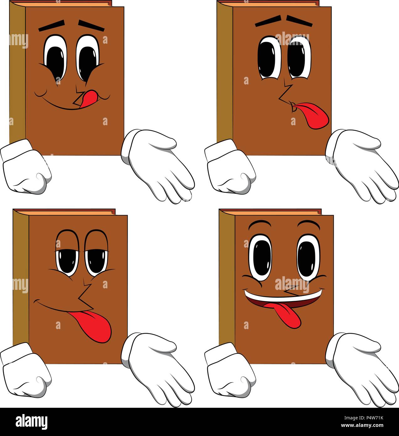 Books giving a hand. Cartoon book collection with happy faces ...