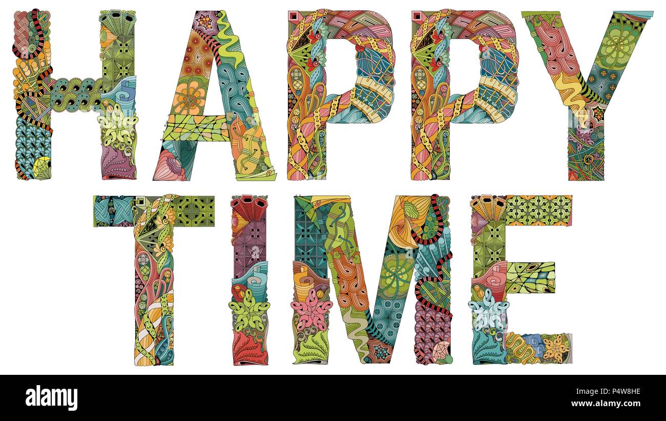 Hand-painted art design. Hand drawn illustration word HAPPY TIME for t ...