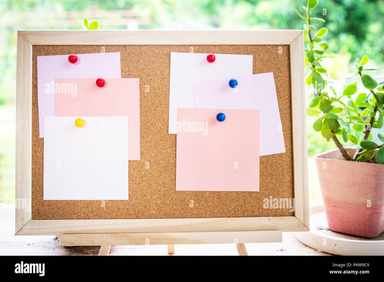 Sticky note on cork board with little tree,garden background,empty ...