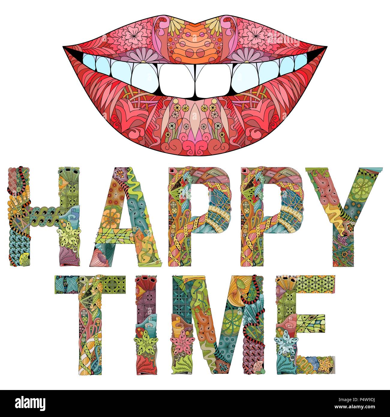 Hand-painted art design. Hand drawn illustration word HAPPY TIME with ...