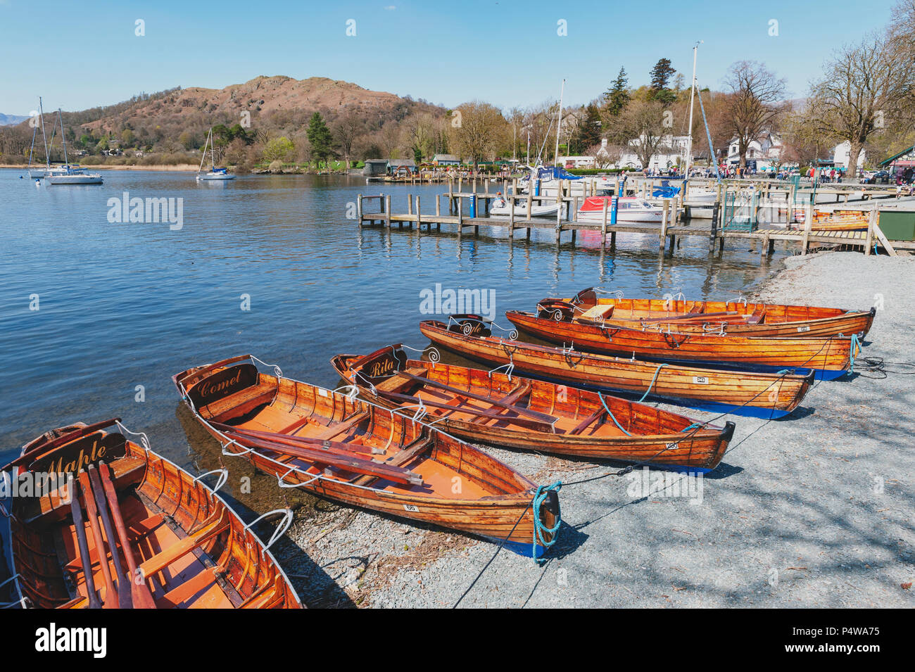 Rowing boat at Waterhead Pier in Ambleside, a lakeside town situated at ...