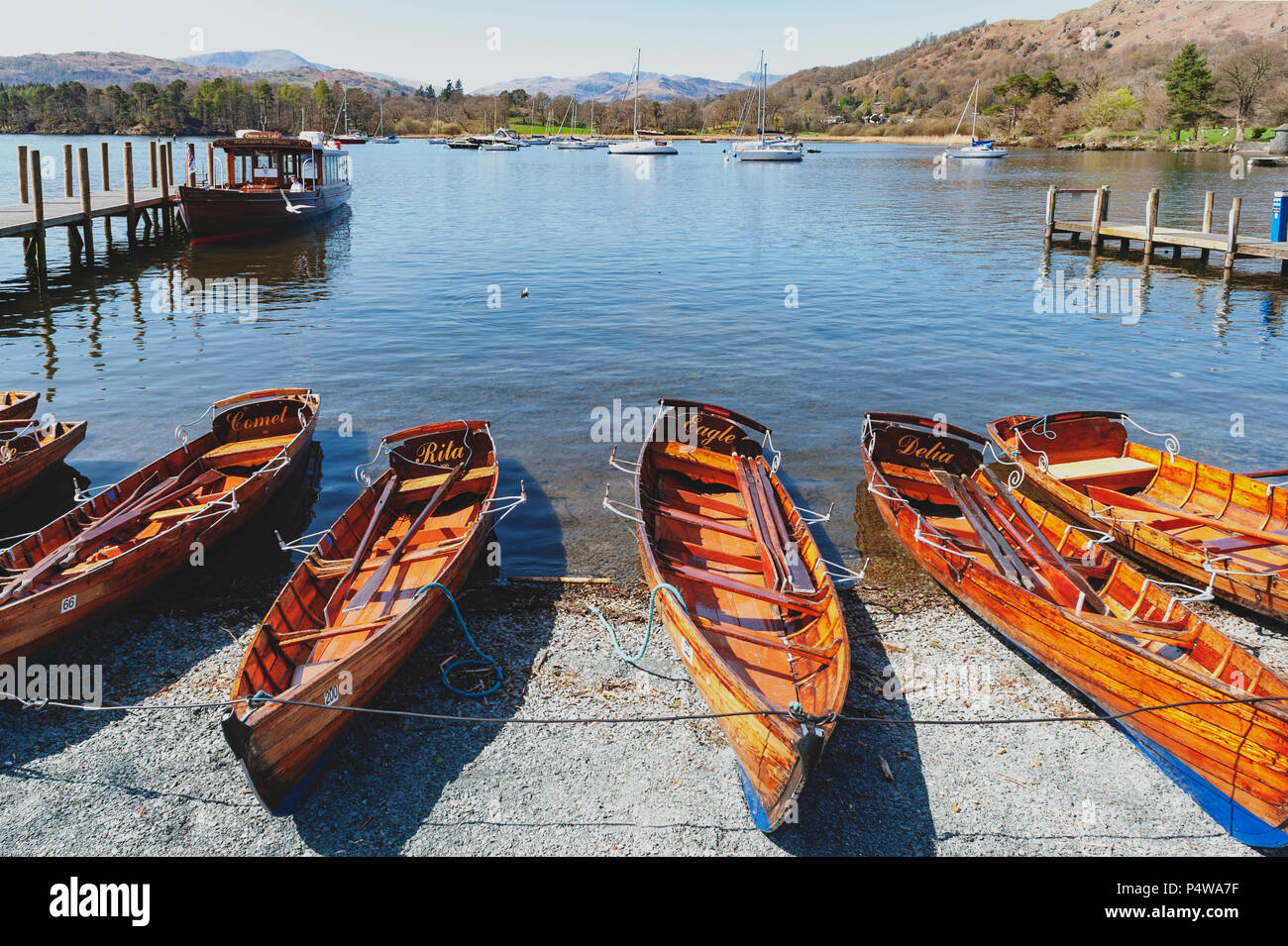 Rowing boat at Waterhead Pier in Ambleside, a lakeside town situated at ...