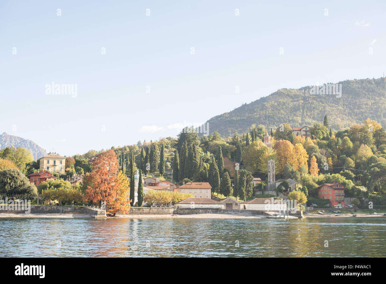 Como Lake, Italy. Panoramic View of Shoreline with Old Houses Stock ...