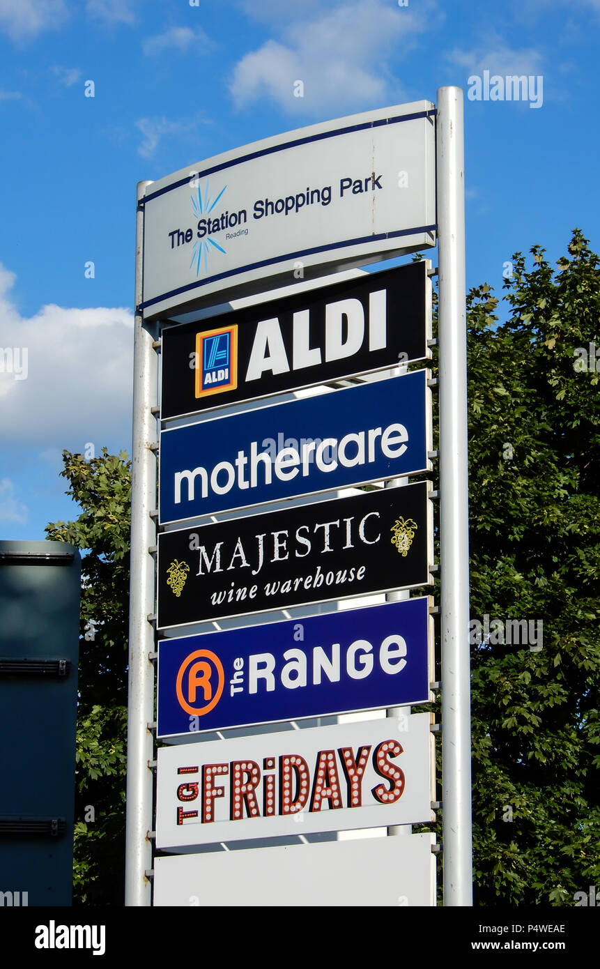 Reading, United Kingdom - June 21 2018: Sign listing the shops in The ...