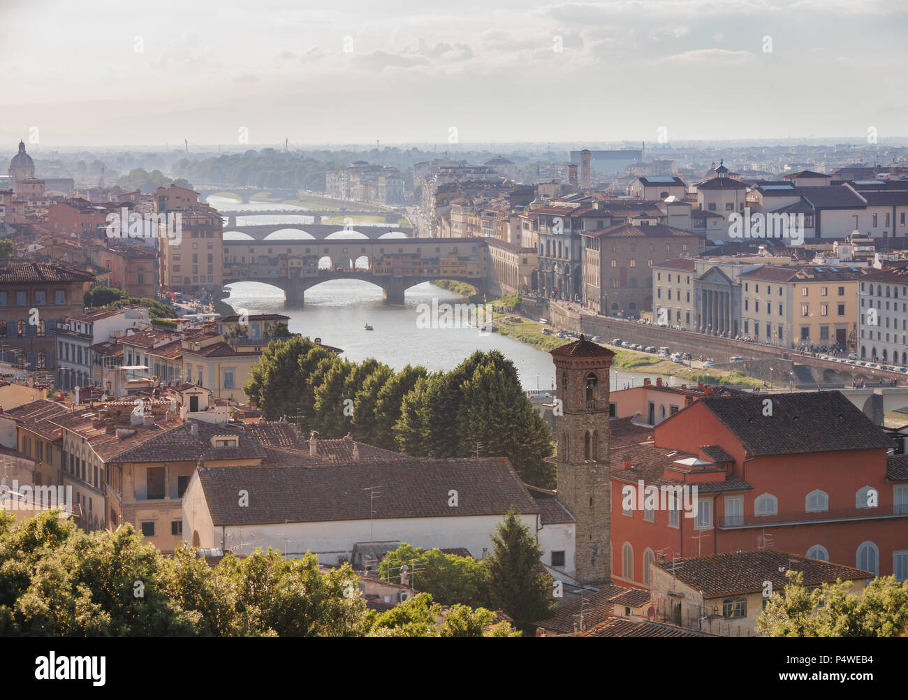 Florence aerial cityscape with waterfront buildings on Arno River ...