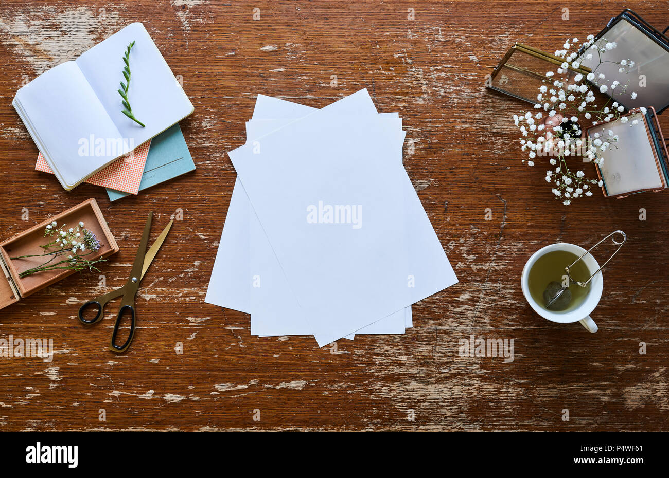 blank sheets of paper creative chaos on desk inspiration Stock Photo ...