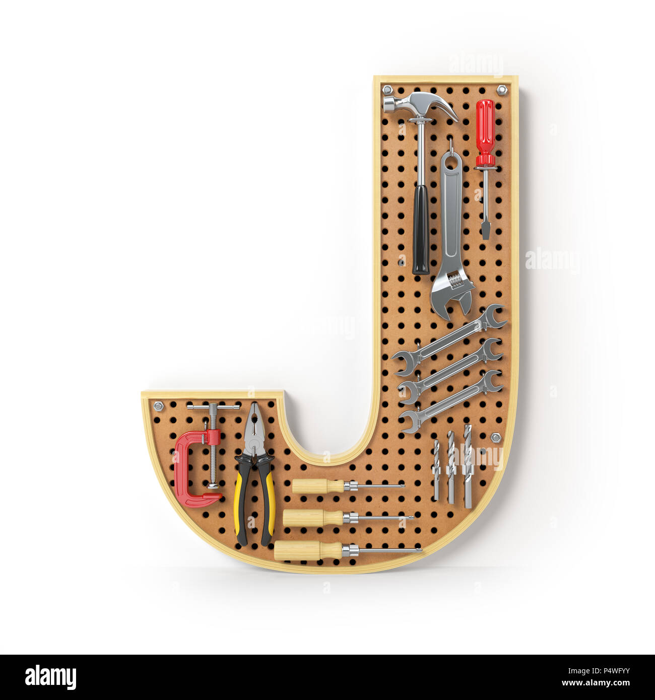 Letter J. Alphabet from the tools on the metal pegboard isolated on ...